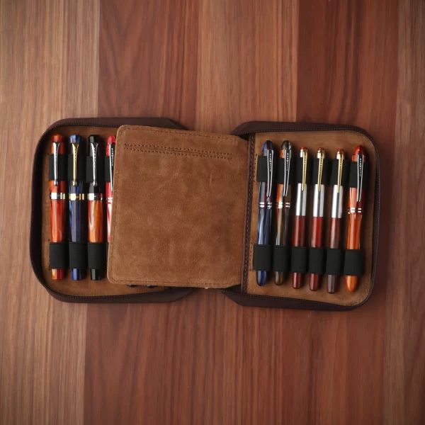 Leather Zippered Pen Pouch for Twelve Pens - Hunter Brown - KANWRITE